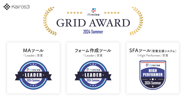 売上アップを仕組みで実現するCRM「Kairos3」、「ITreview Grid Award 2024 | ニコニコニュース